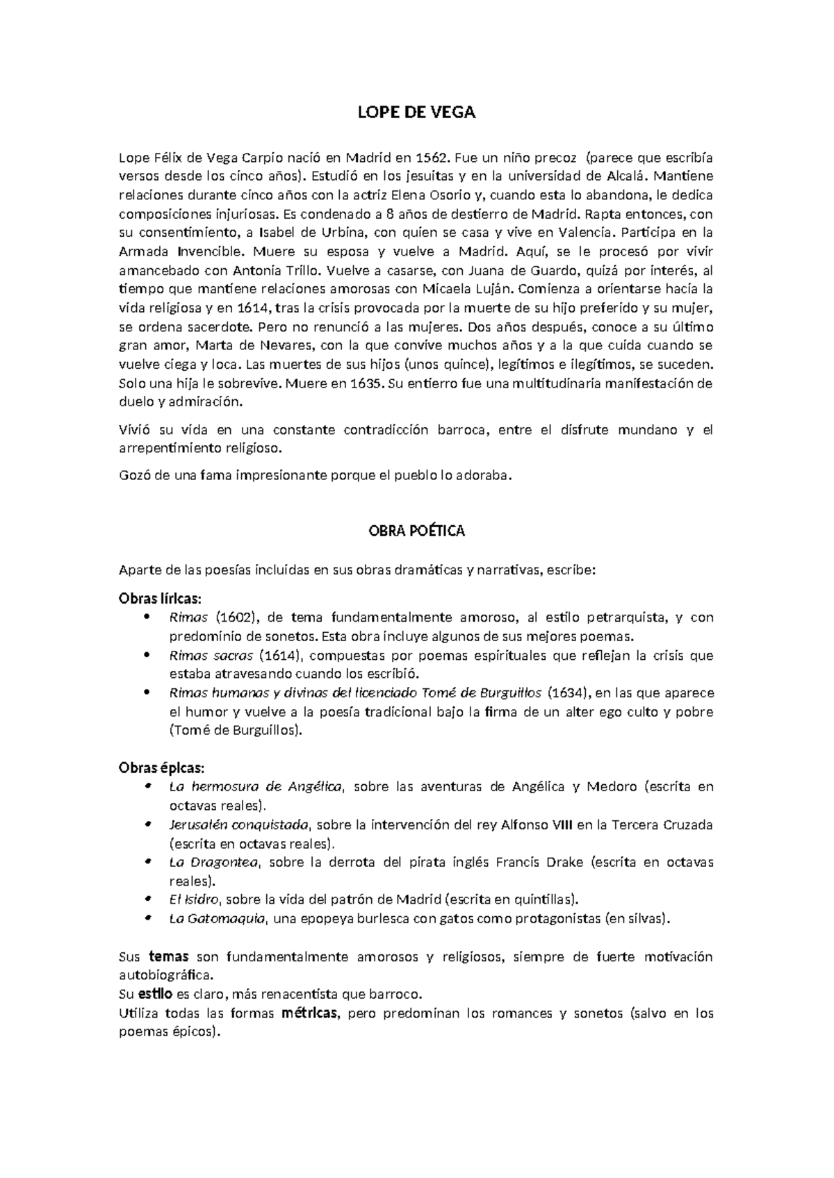 LOPE DE VEGA - LOPE DE VEGA Lope Félix de Vega Carpio nació en Madrid ...