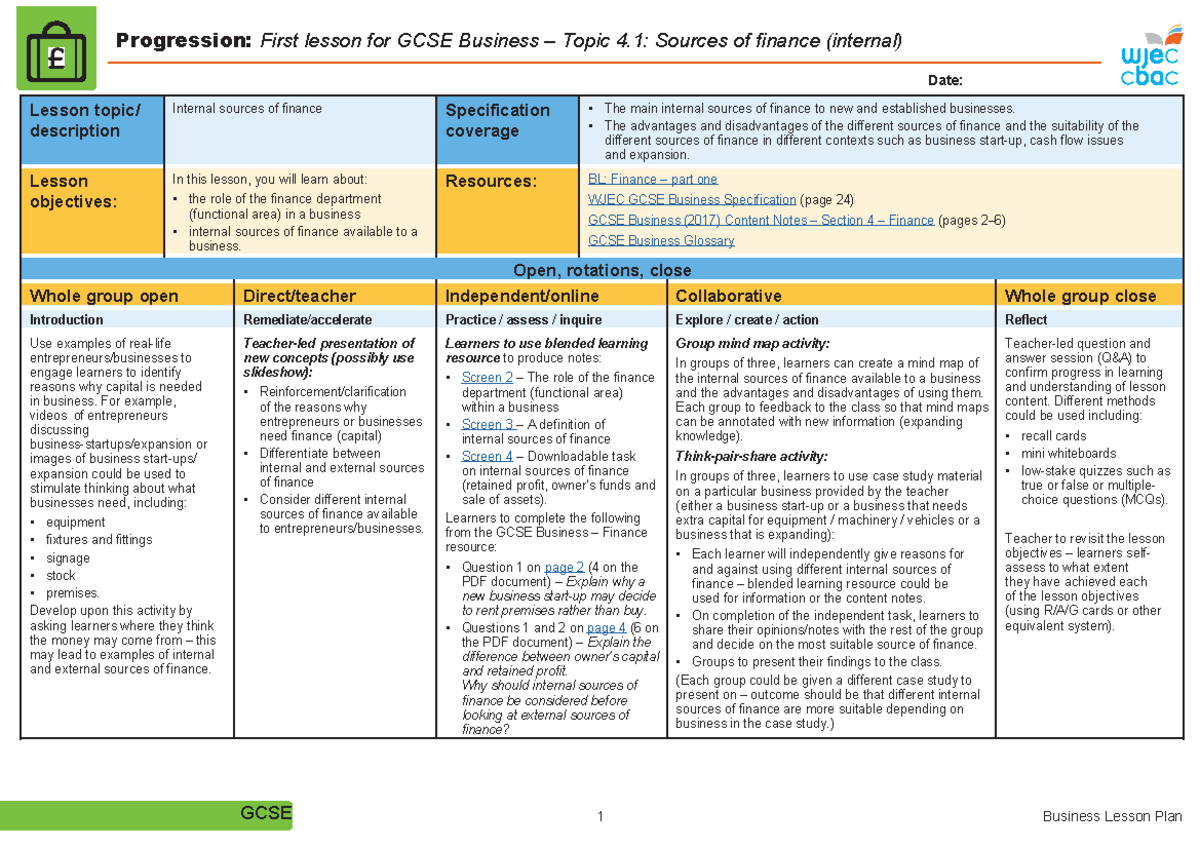Bl lesson plan gcse business topic 4 finance 4 1 sources of finance ...