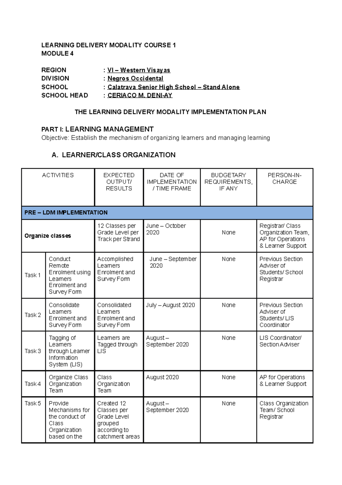 LDM1-Module-4-Implementation-Plan-Template Final Calatrava-SHS-SA Nolledo Team46 - LEARNING ...