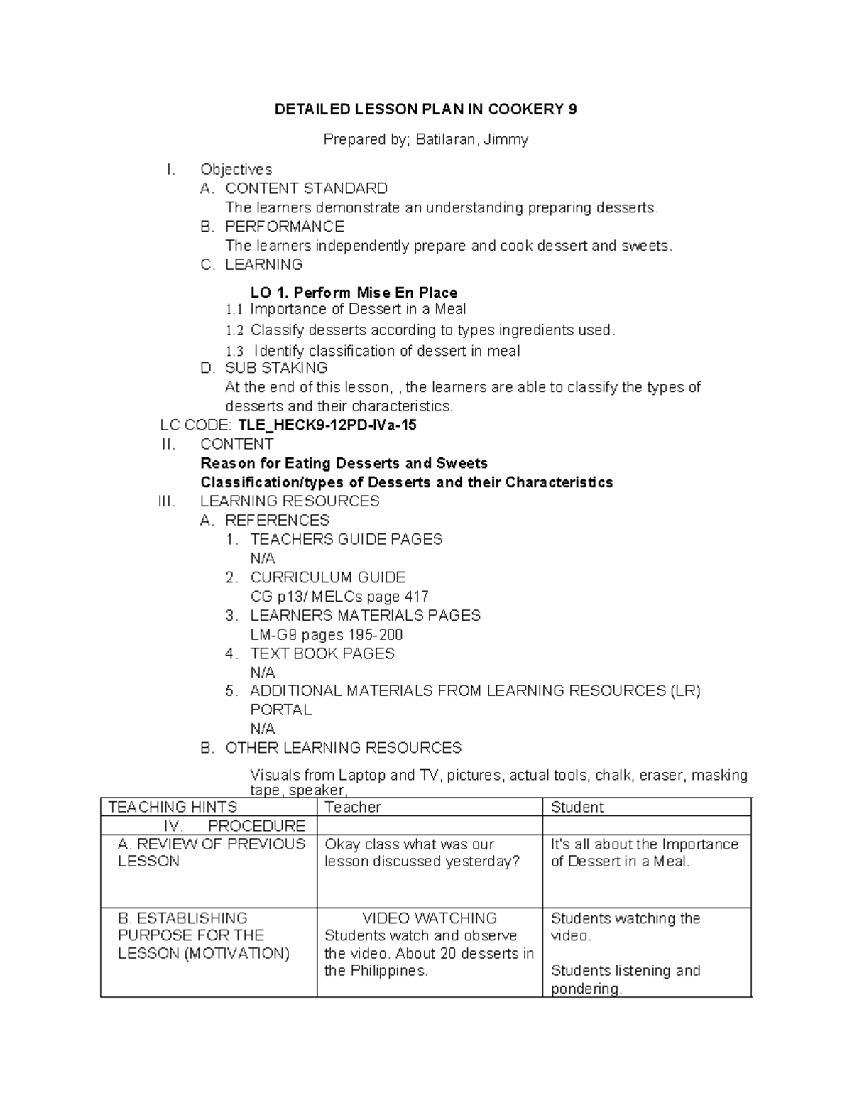 Lesson-PLAN- Cookery 9 WEDS- Thurs - DETAILED LESSON PLAN IN COOKERY 9 ...