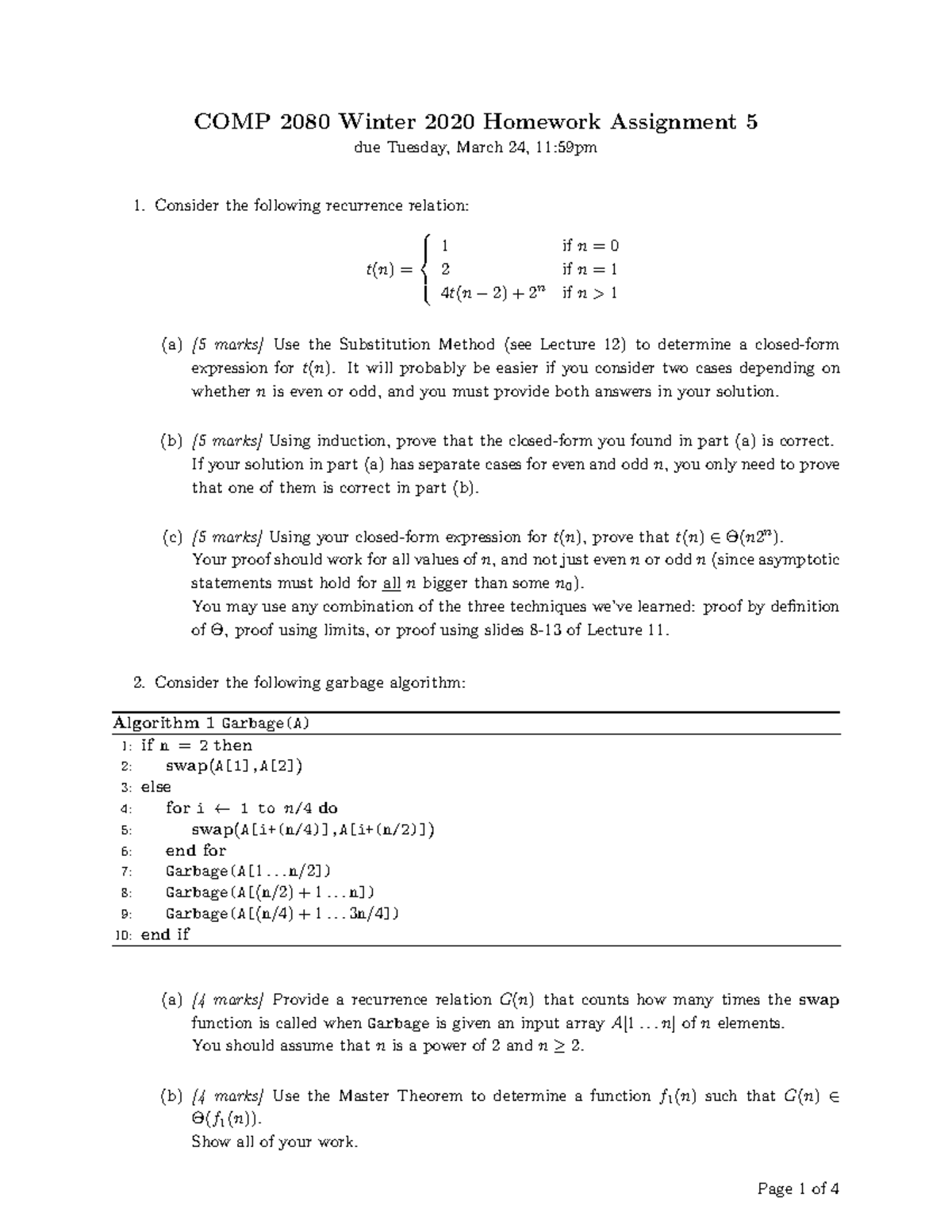 Assignment 5-Questions - COMP 2080 Winter 2020 Homework Assignment 5 due Tuesday, March 24, 11 ...
