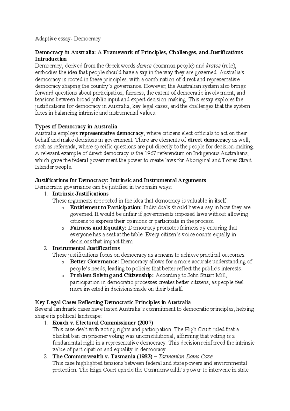 Adaptive essay- Democracy - Adaptive essay- Democracy Democracy in ...