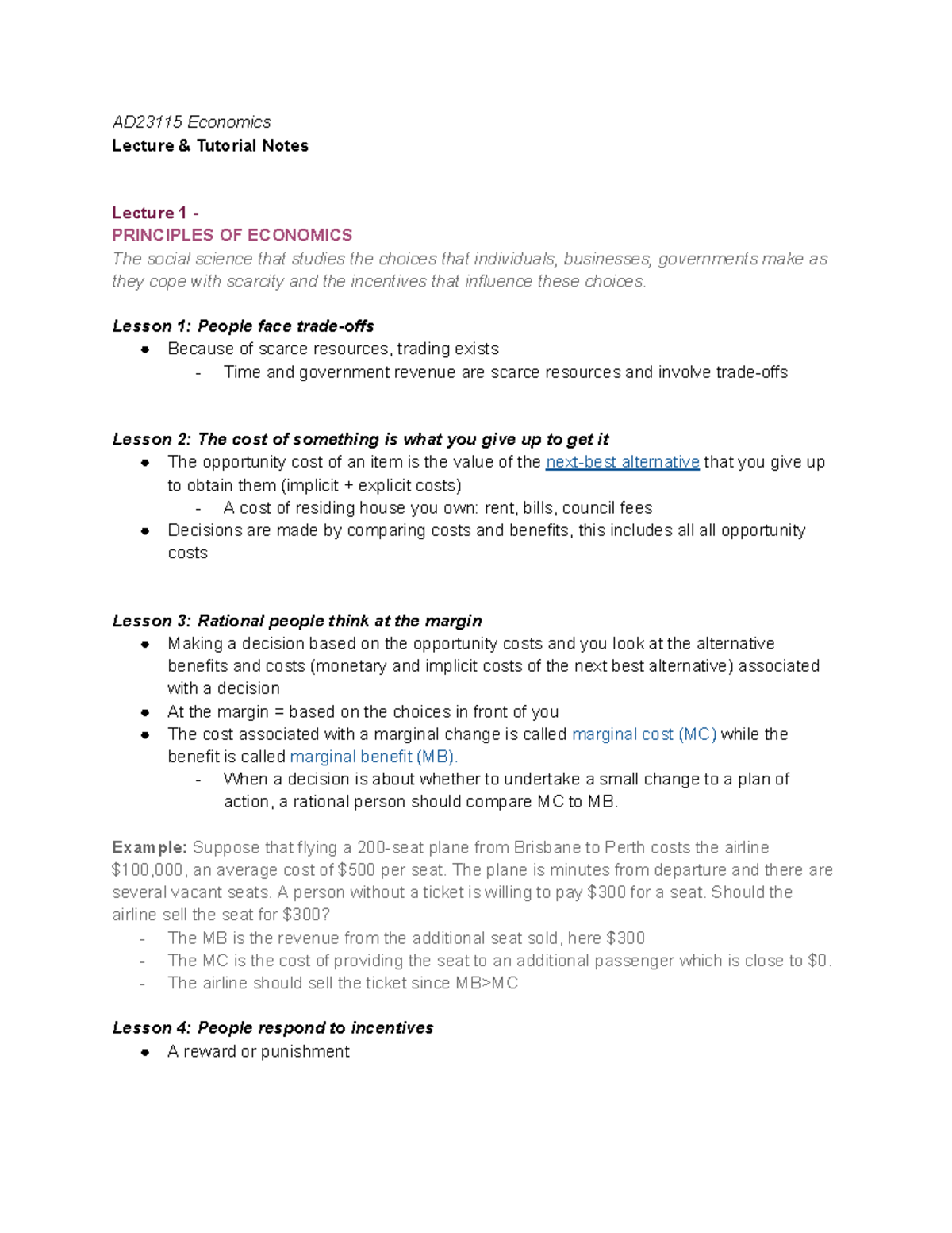 23115 Economics Notes - AD23115 Economics Lecture & Tutorial Notes ...