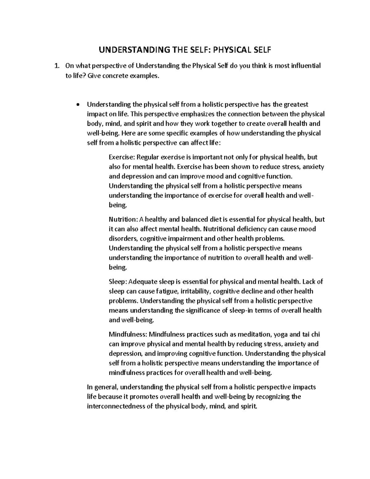 UTS Physical Self - UNDERSTANDING THE SELF: PHYSICAL SELF On what perspective of Understanding ...