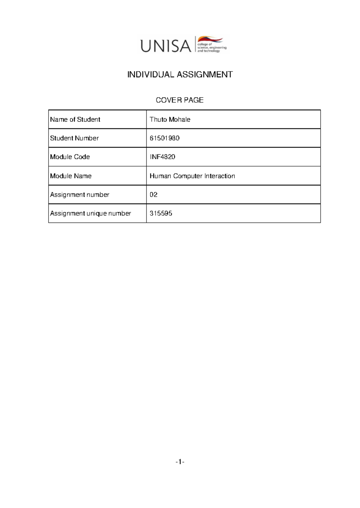 61501980 INF4820 Assignment 2 - INDIVIDUAL ASSIGNMENT COVER PAGE Name ...