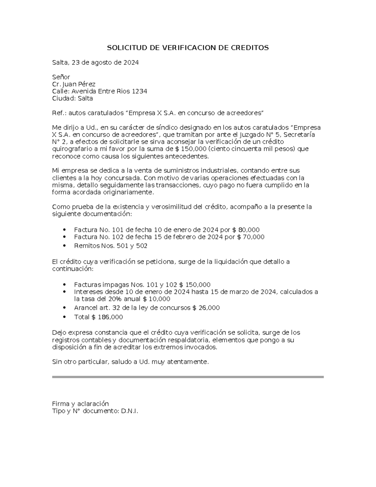 Verificaion de credito - SOLICITUD DE VERIFICACION DE CREDITOS Salta, 23 de agosto de 2024 Señor ...