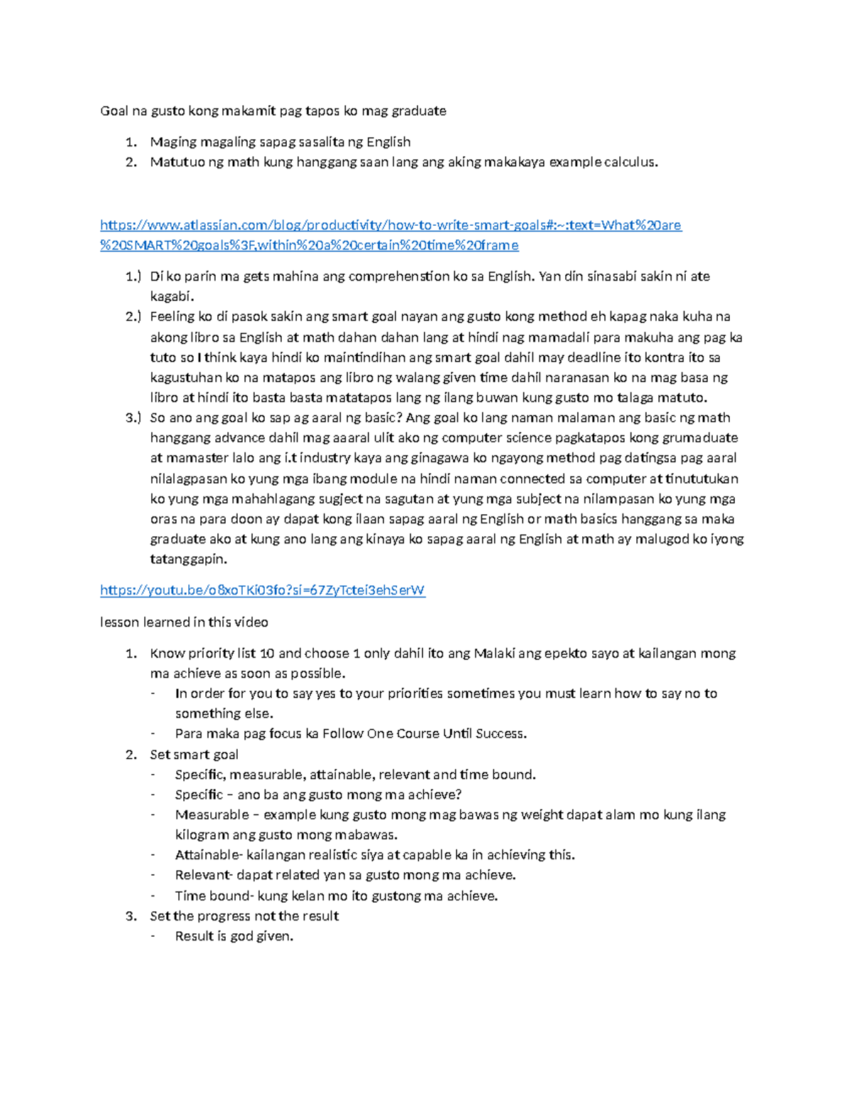 Smart goal - Summary Theories of Personality - Goal na gusto kong ...