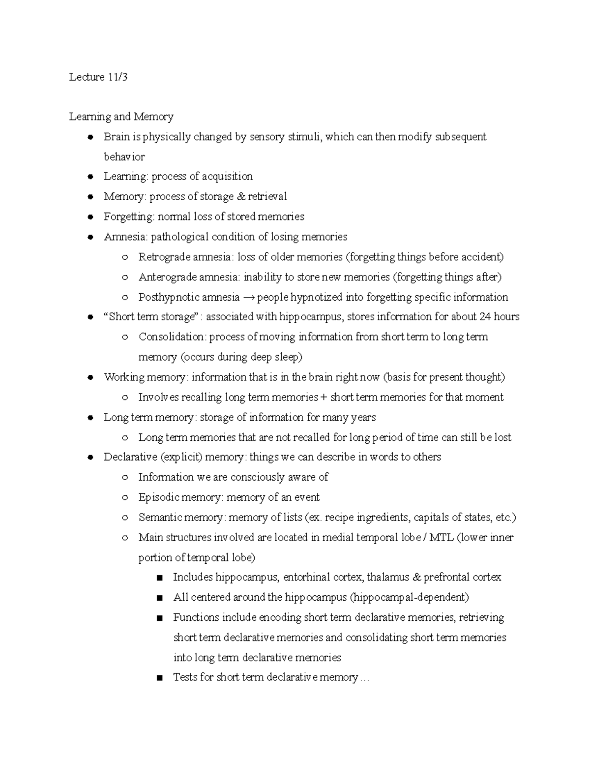 Psych 2200 Lecture 11:3 - Lecture 11/ Learning and Memory Brain is physically changed by sensory ...