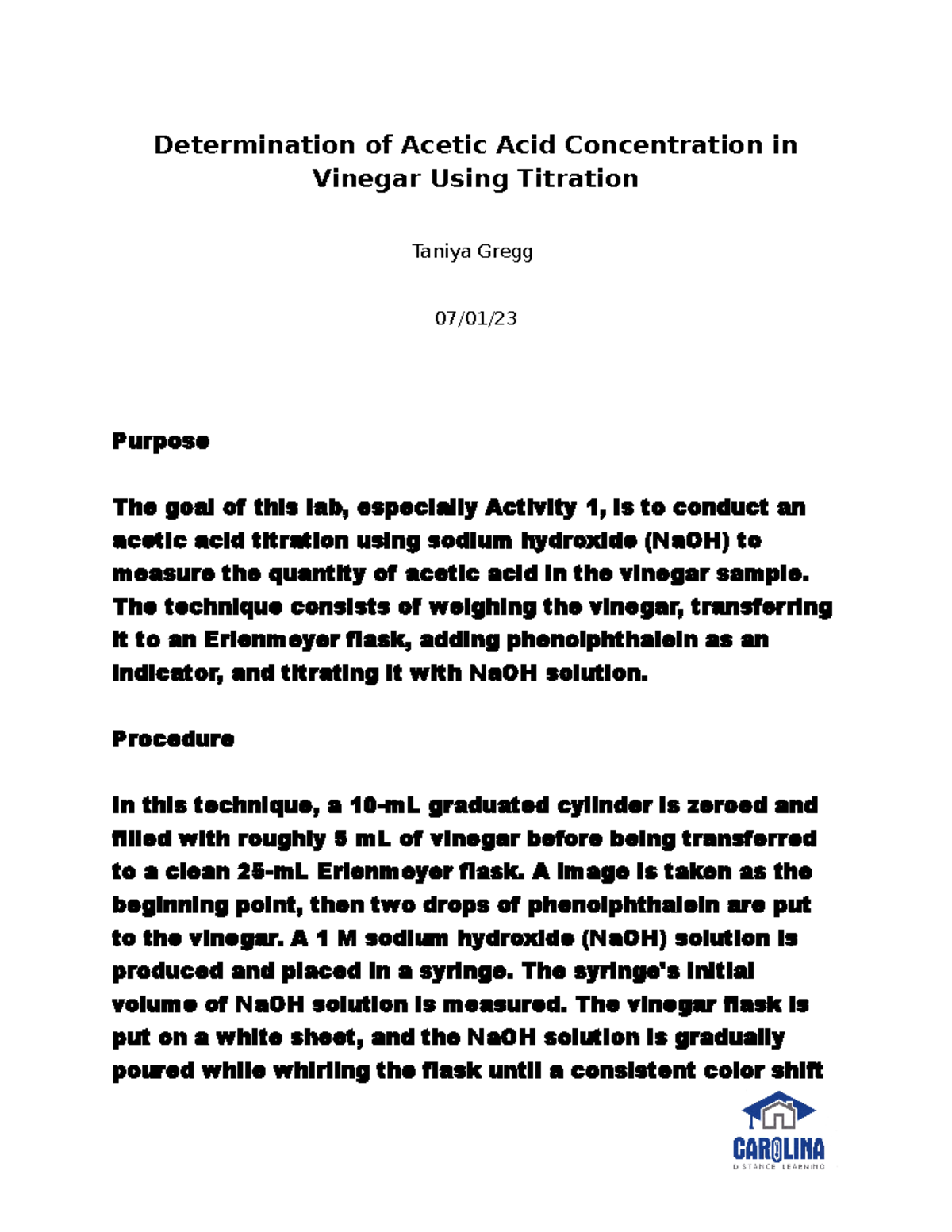 Lab report Determination of Acetic Acid Concentration - Determination ...