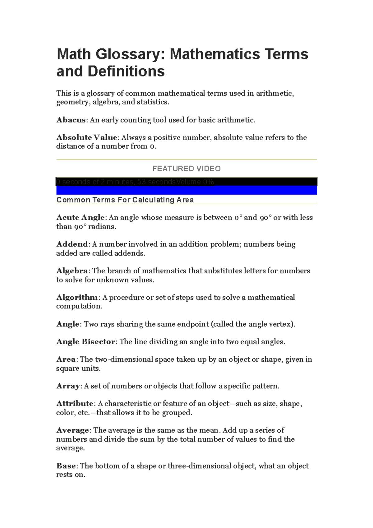 Math Glossary For All Math Glossary Mathematics Terms And 