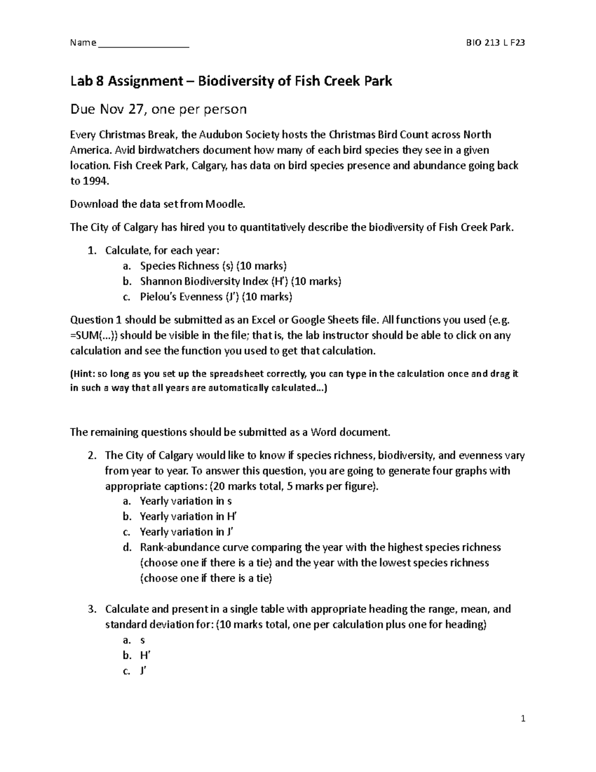 BIO213 F23 lab08 assignment - Name _________________ BIO 213 L F Lab 8 ...