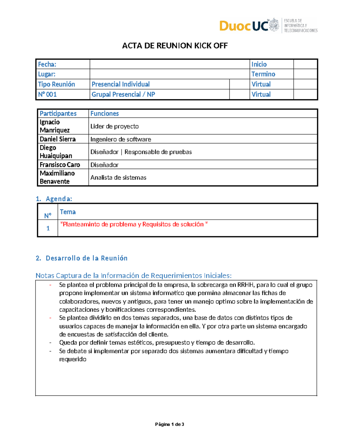 Acta kickoff 1 - ACTA DE REUNION KICK OFF Fecha: Inicio Lugar: Termino ...