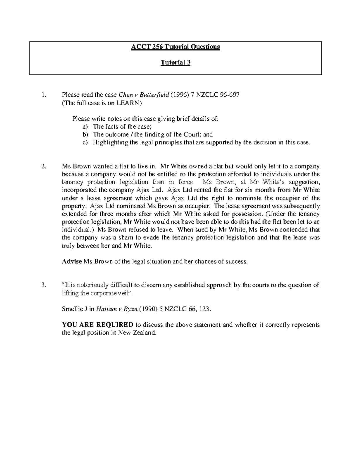 Tutorial 3 256 Separate Corp Personality - ACCT 256 Tutorial Questions ...