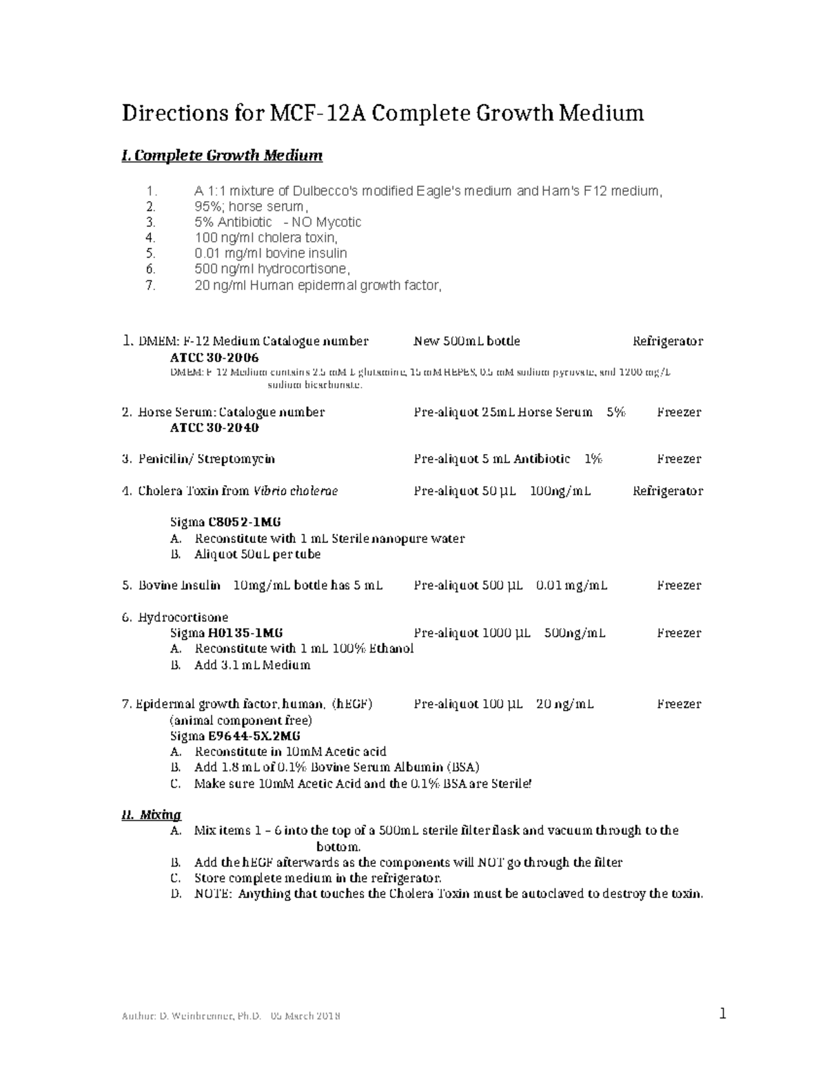 Directions for MCF-12A Cell Complete Medium - Directions for MCF-12A ...