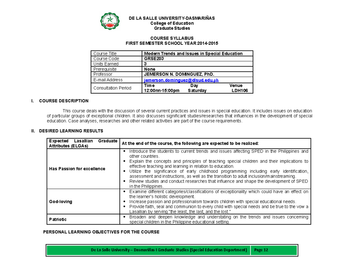 GRSE203 - Modern Trend syllabus - College of Education Graduate Studies ...