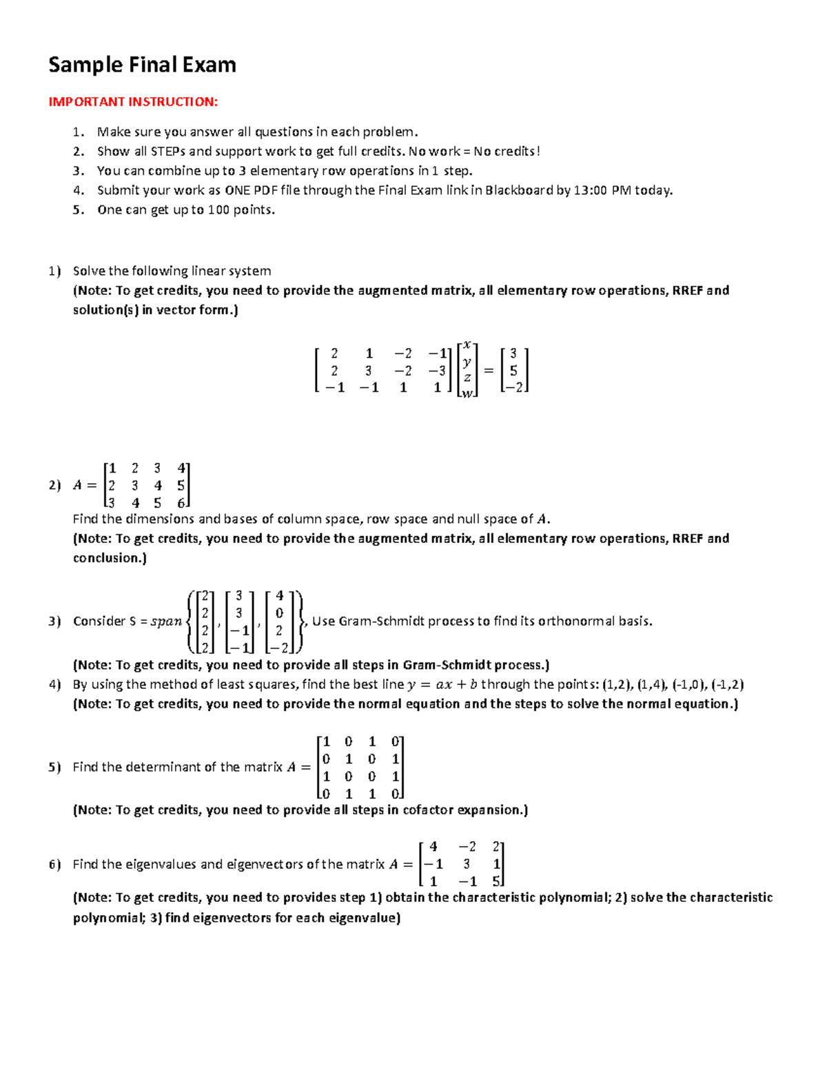Sample final Exam - MAT-2233-001-Spring 2023-Linear Algebra Tong Wu ...