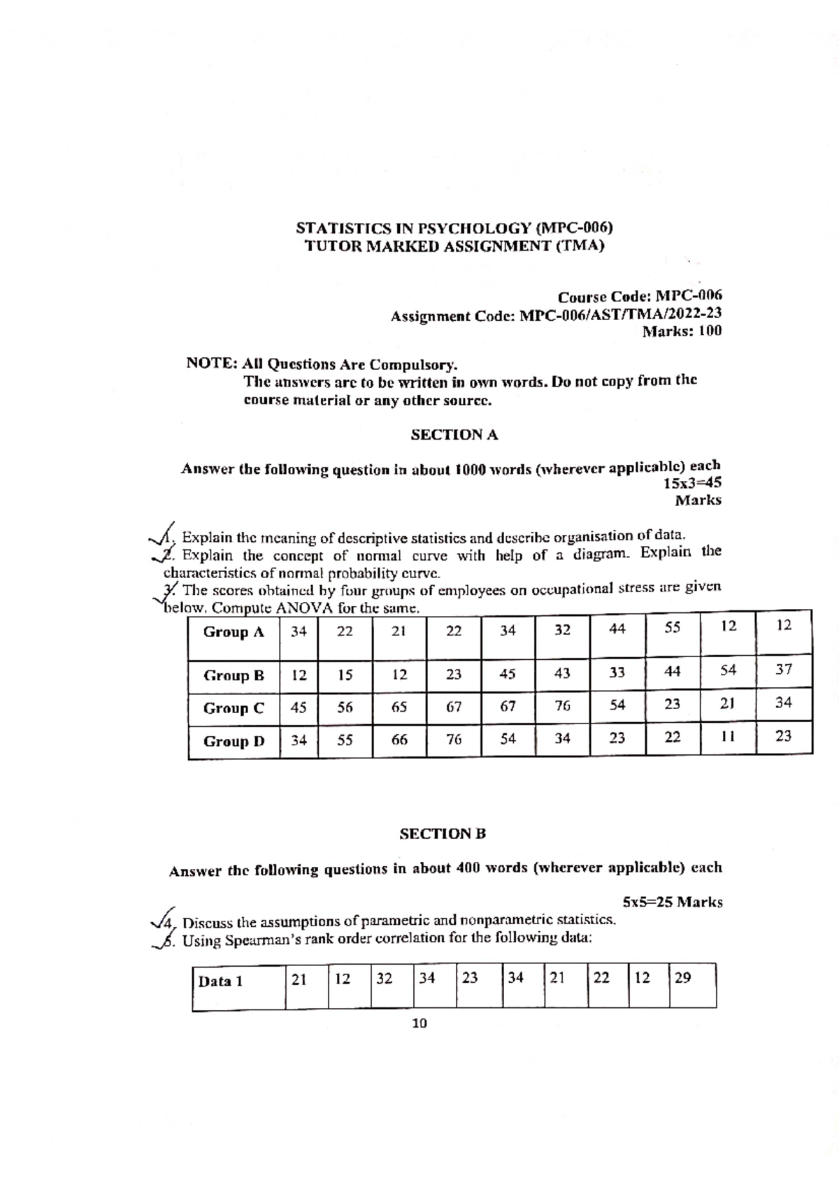 Ignou Statistics Assignment - Statistics in Psychology - Studocu