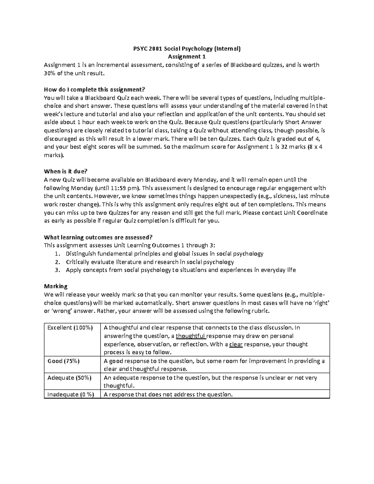 A1 Instruction IN - Notes - PSYC 2001 Social Psychology (Internal ...