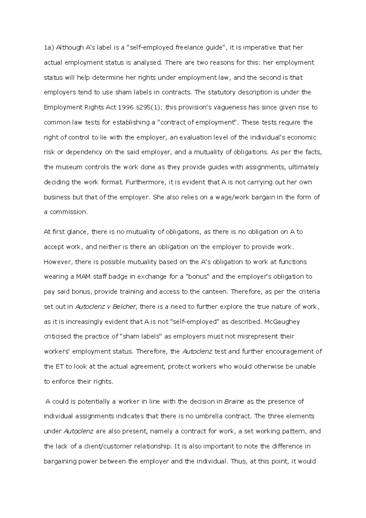 Employment Exam copy - Sample answer - 1a) Although A's label is a ...