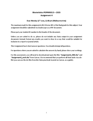 Assignment 4 - Questions - Biostatistics POPH90013 – 2023 Assignment 4 Due: Monday 12th June, 11 ...