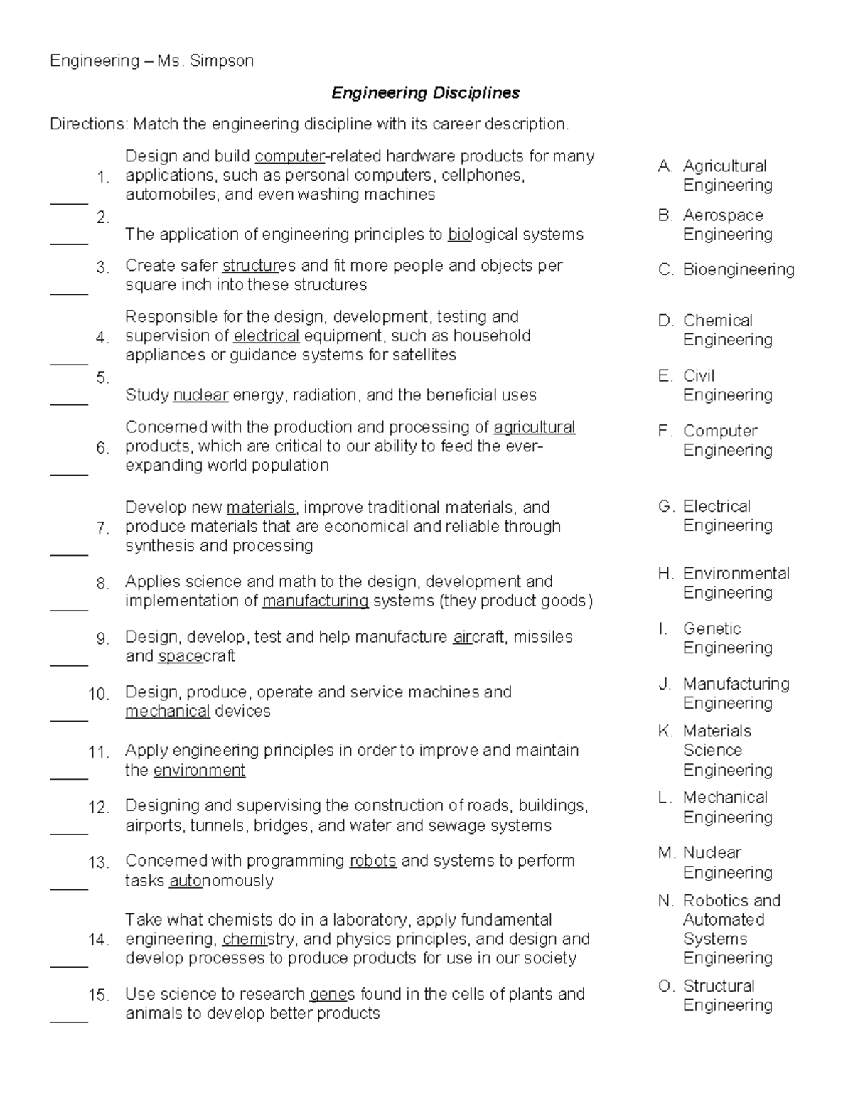 Engineering Disciplines Match-2 - Engineering – Ms. Simpson Engineering ...