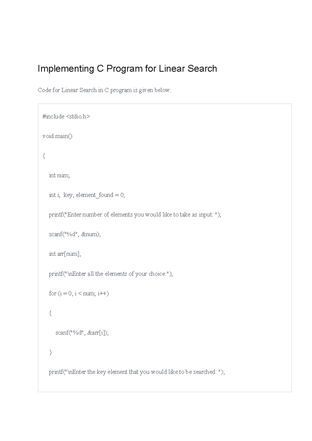 Linear Search Algorithm Notes Implementing C Program For Linear