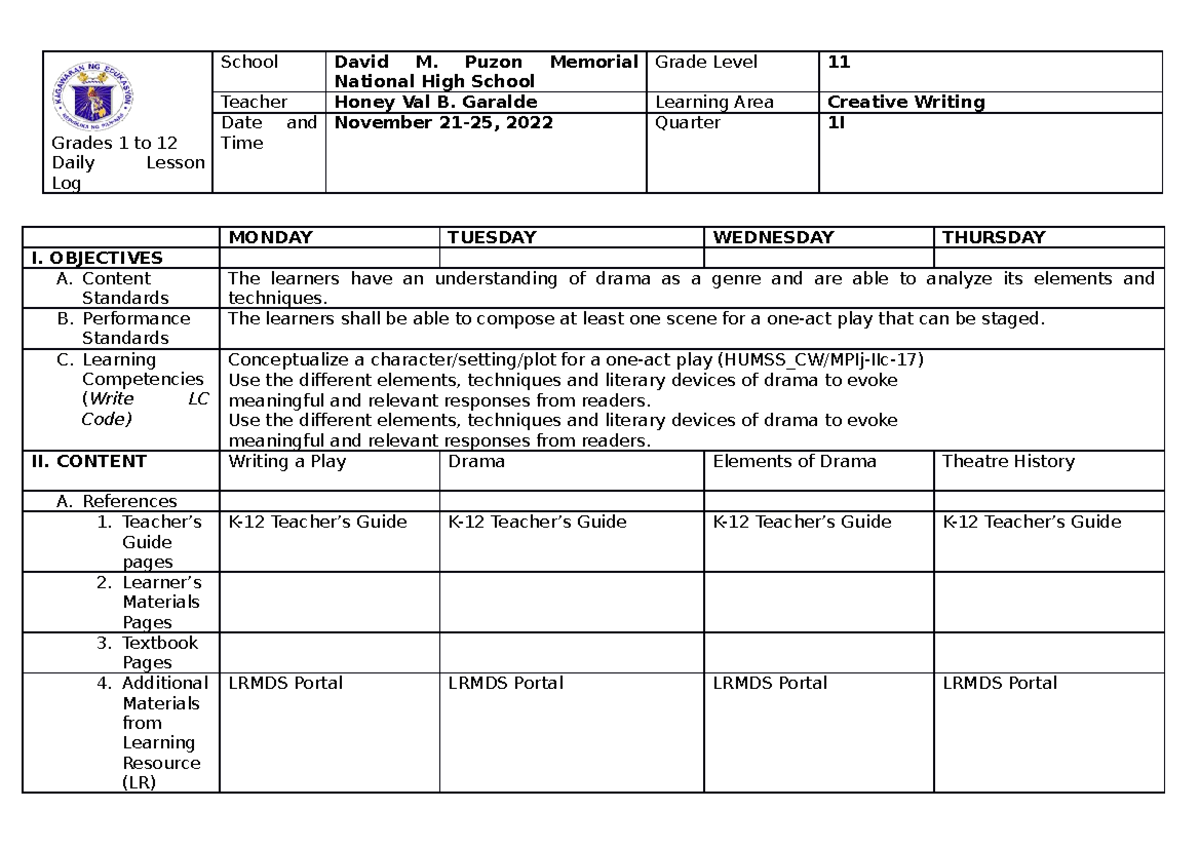WEEK 3 - Notes - Grades 1 to 12 Daily Lesson Log School David M. Puzon ...