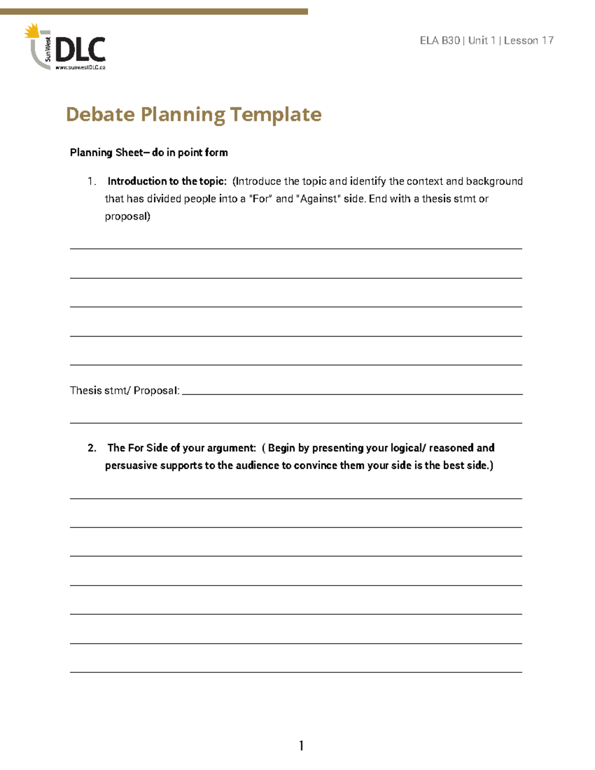 U1L17Debate Planning Template - 1 ELA B30 | Unit 1 | Lesson 17 Debate ...