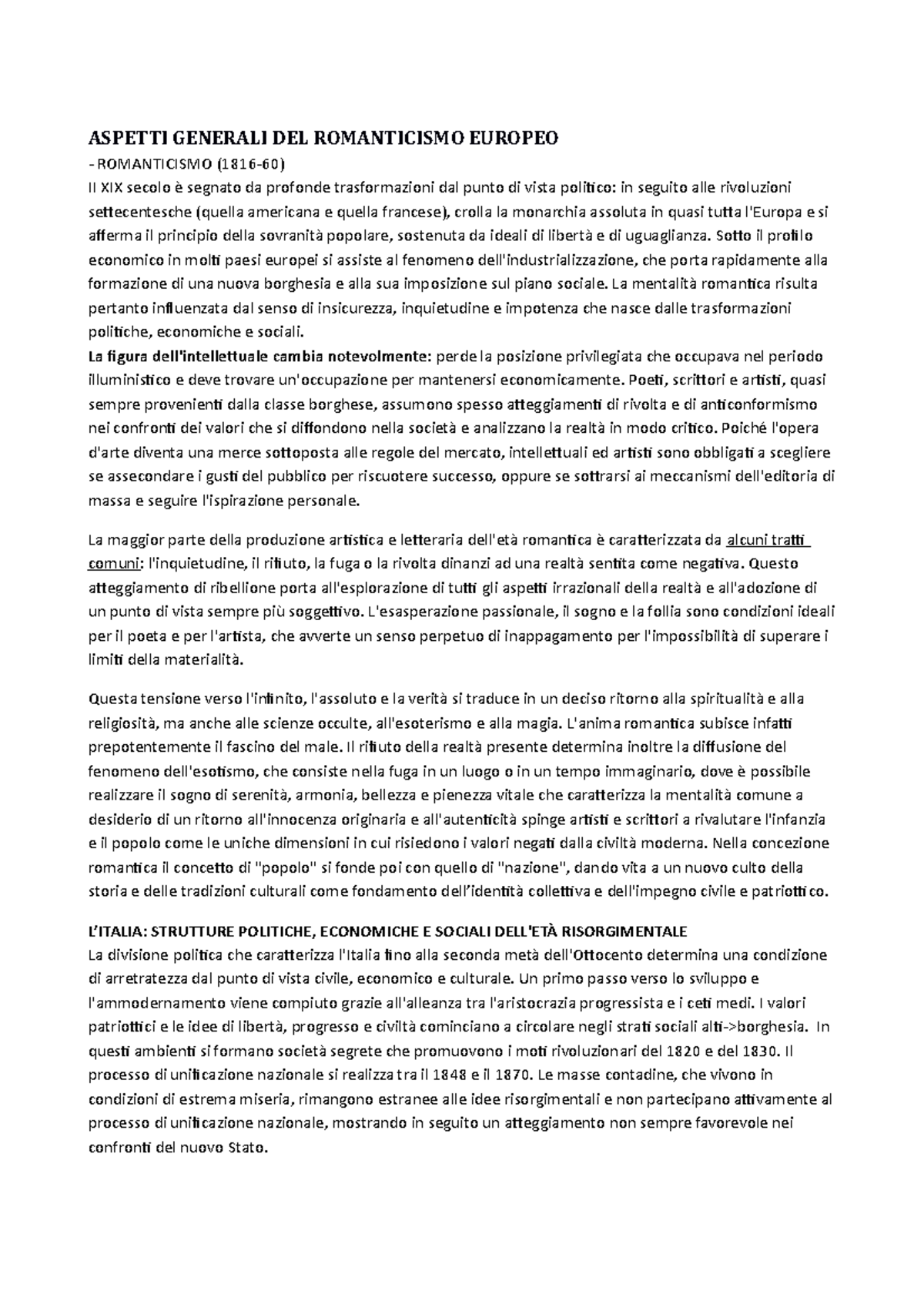 Romanticismo - APPUNTI - ASPETTI GENERALI DEL ROMANTICISMO EUROPEO ...