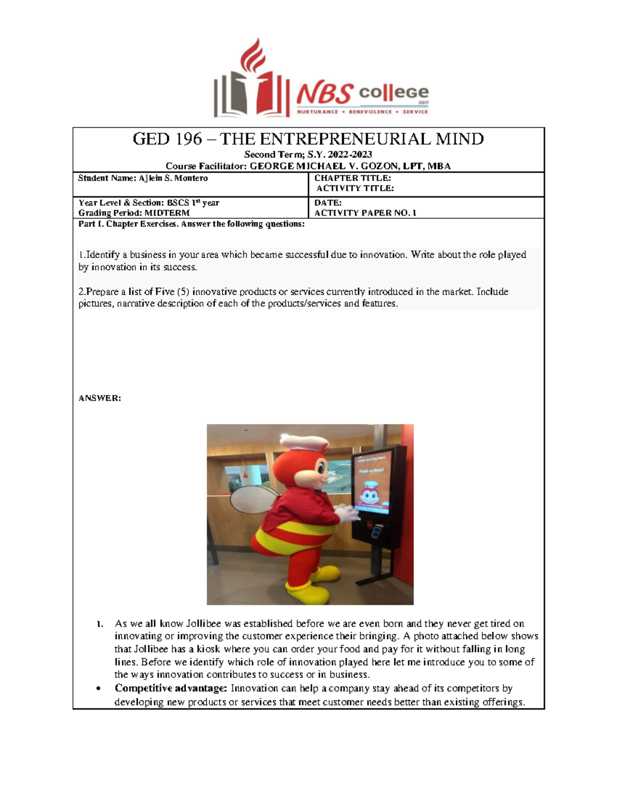 GED 196 – THE Entrepreneurial MIND - GED 196 – THE ENTREPRENEURIAL MIND ...