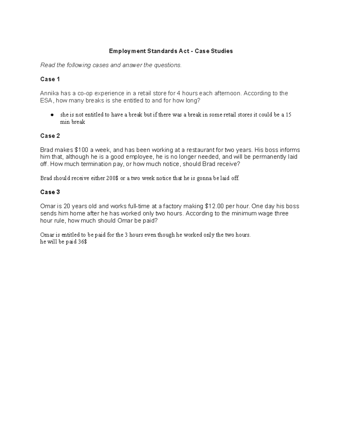 Unit 2 Activity 1 - Employment Standards Act Case Studies - Employment ...
