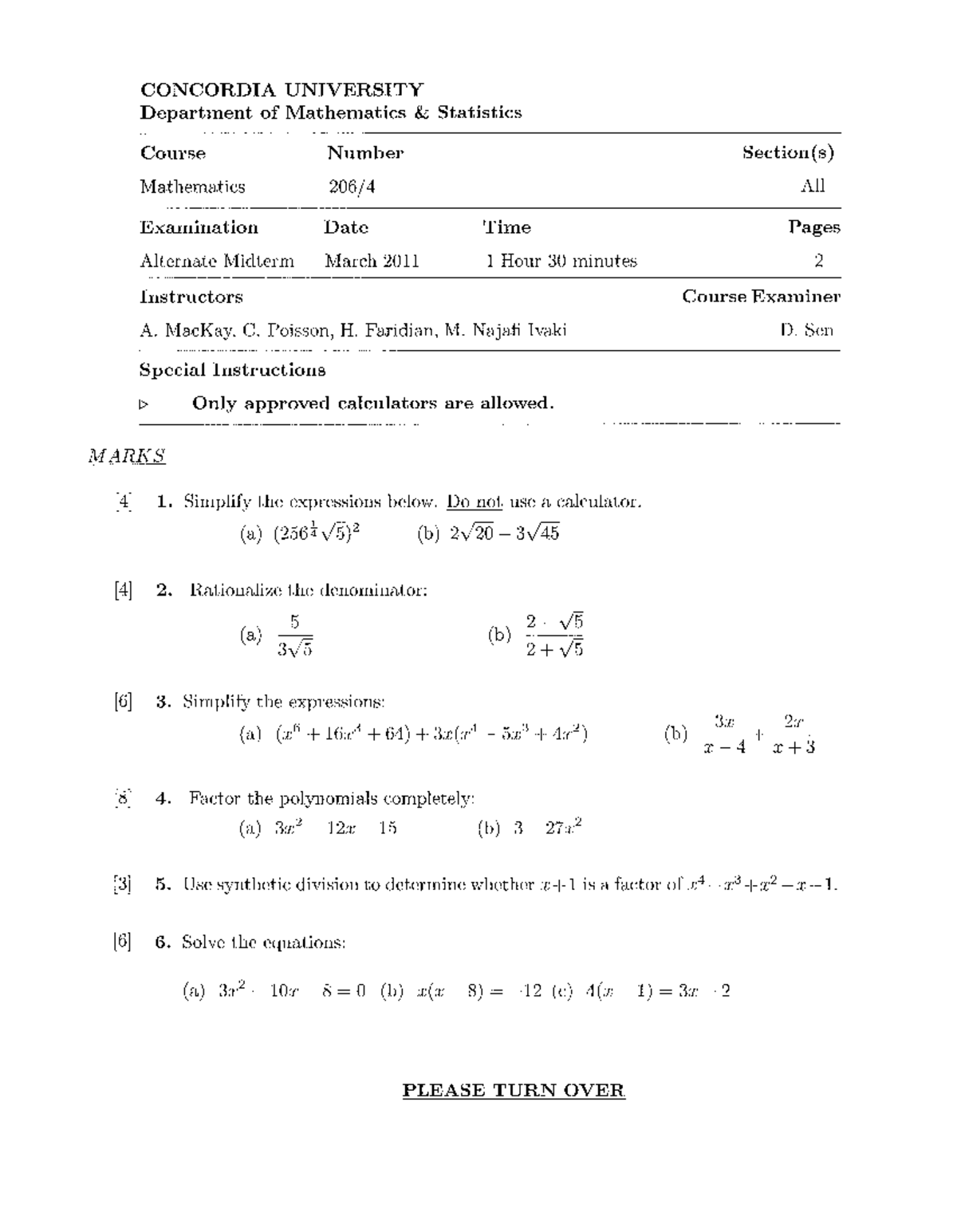 Math 206 alt midterm - March 2011 (with solution) - MATH 206 - Studocu