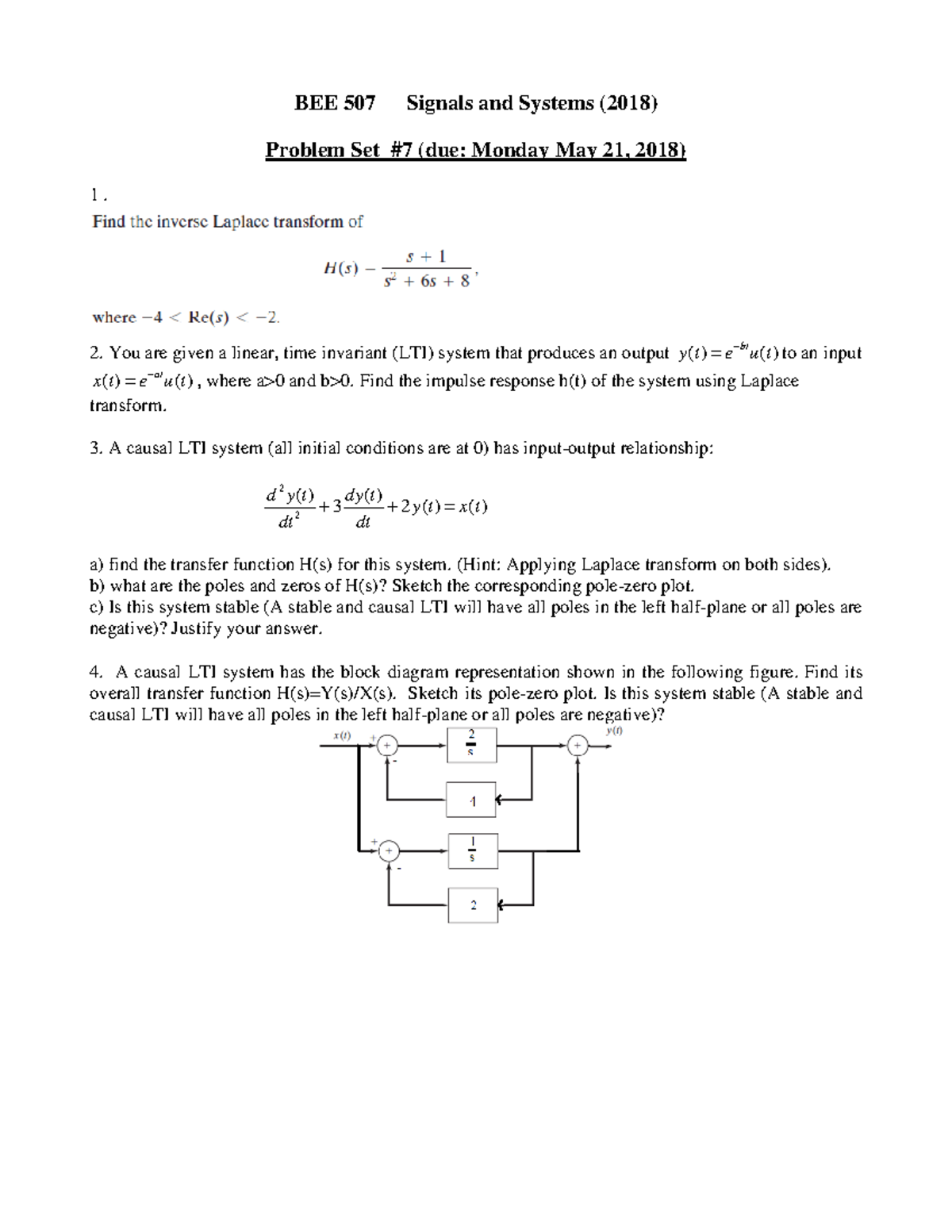 BEE 507-2018 #HW7 Laplace - BEE 507 Signals and Systems (2018) Problem ...