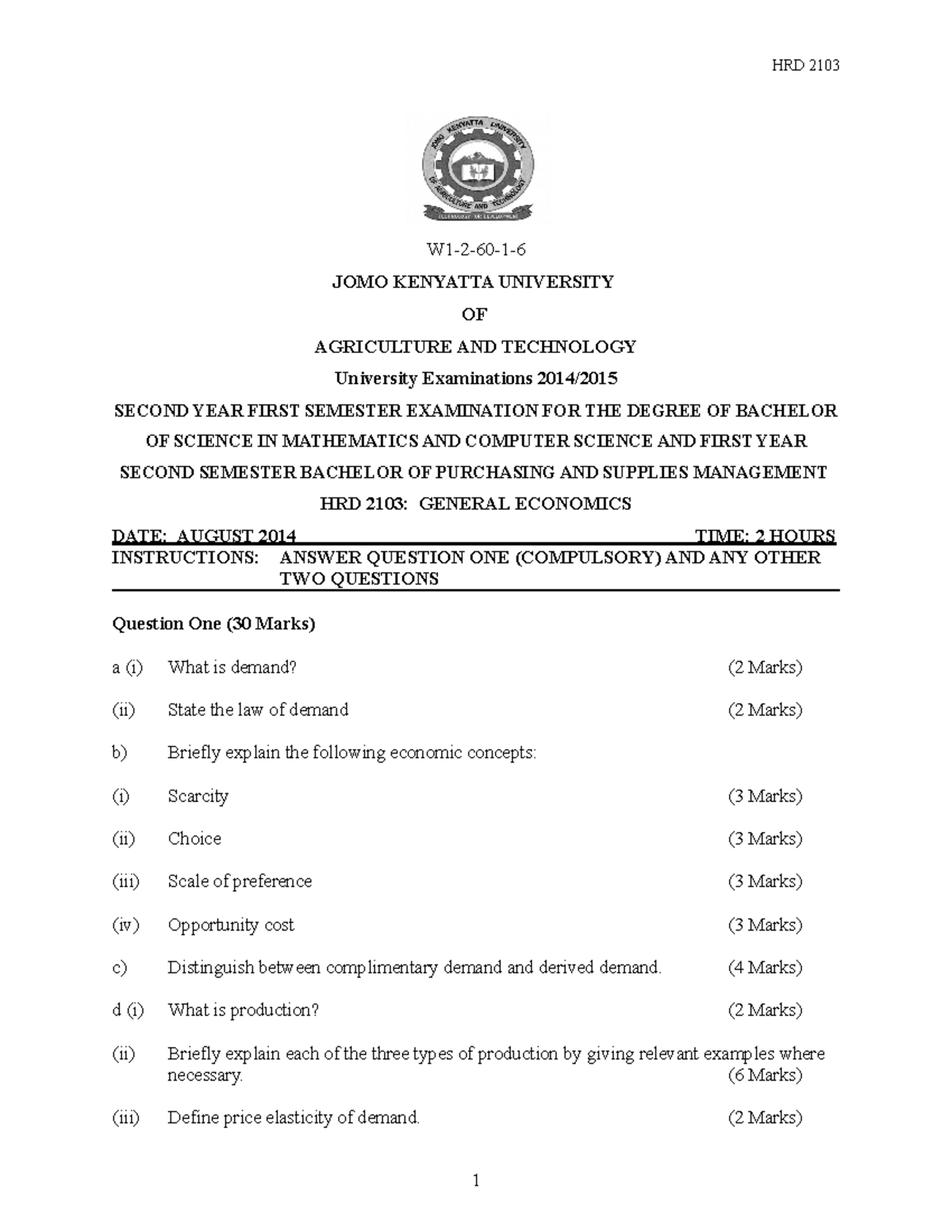 HRD 2103 General Economics - HRD 2103 W1-2-60-1- JOMO KENYATTA ...