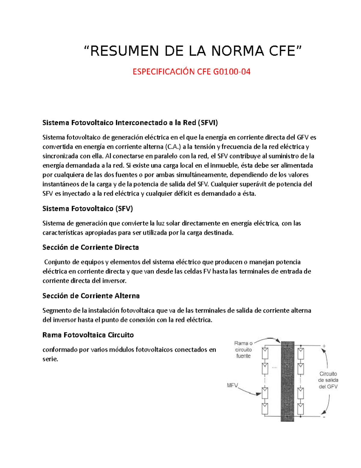 Resumen DE LA Norma CFE - FAE - “RESUMEN DE LA NORMA CFE” ESPECIFICACIÓN CFE G0100- Sistema ...