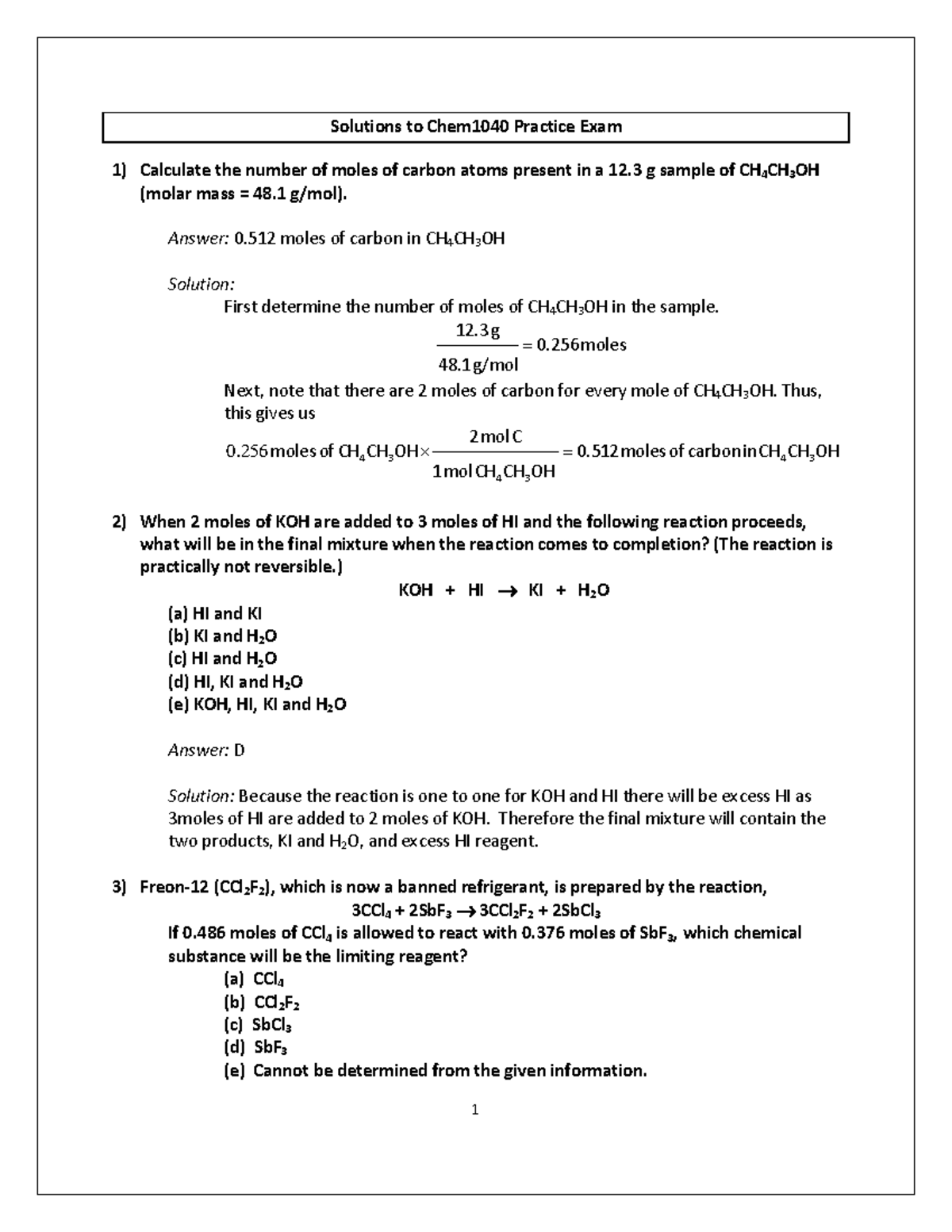 Chem1040Practice Exam Solutions Dec 08 - Solutions to Chem1040 Practice ...