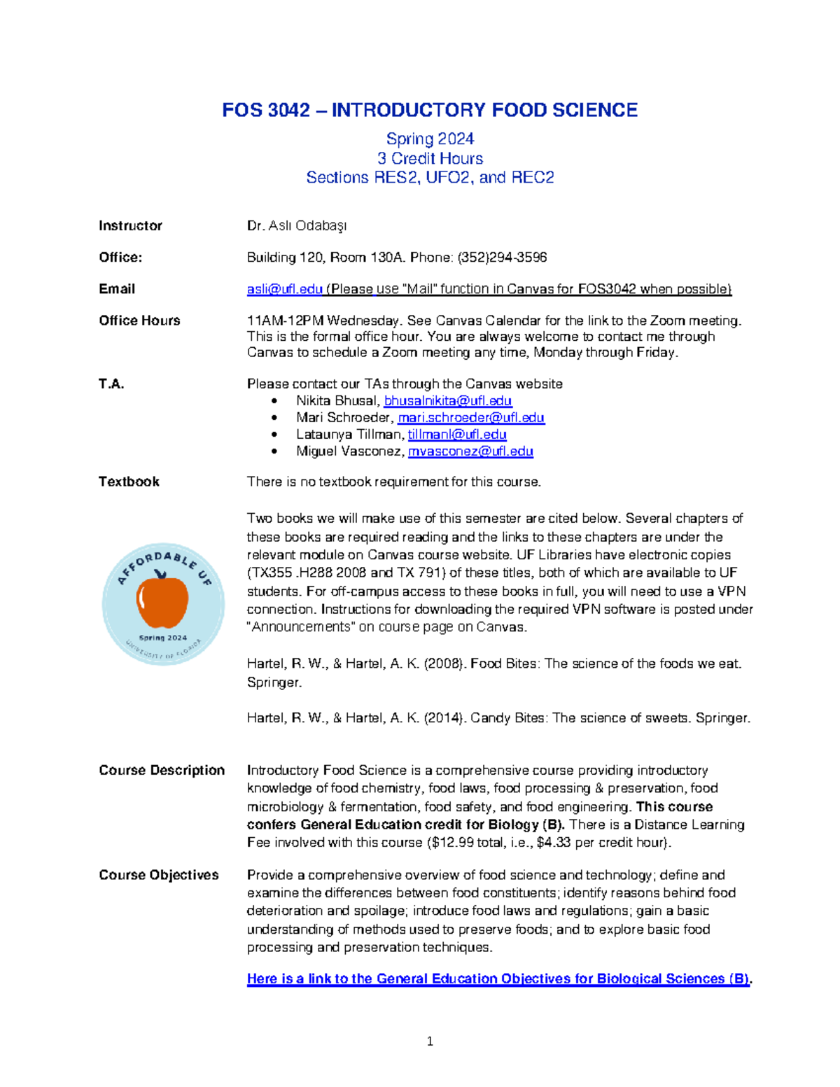 Syllabus 24 Spring - FOS 3042 – INTRODUCTORY FOOD SCIENCE Spring 2024 3 ...