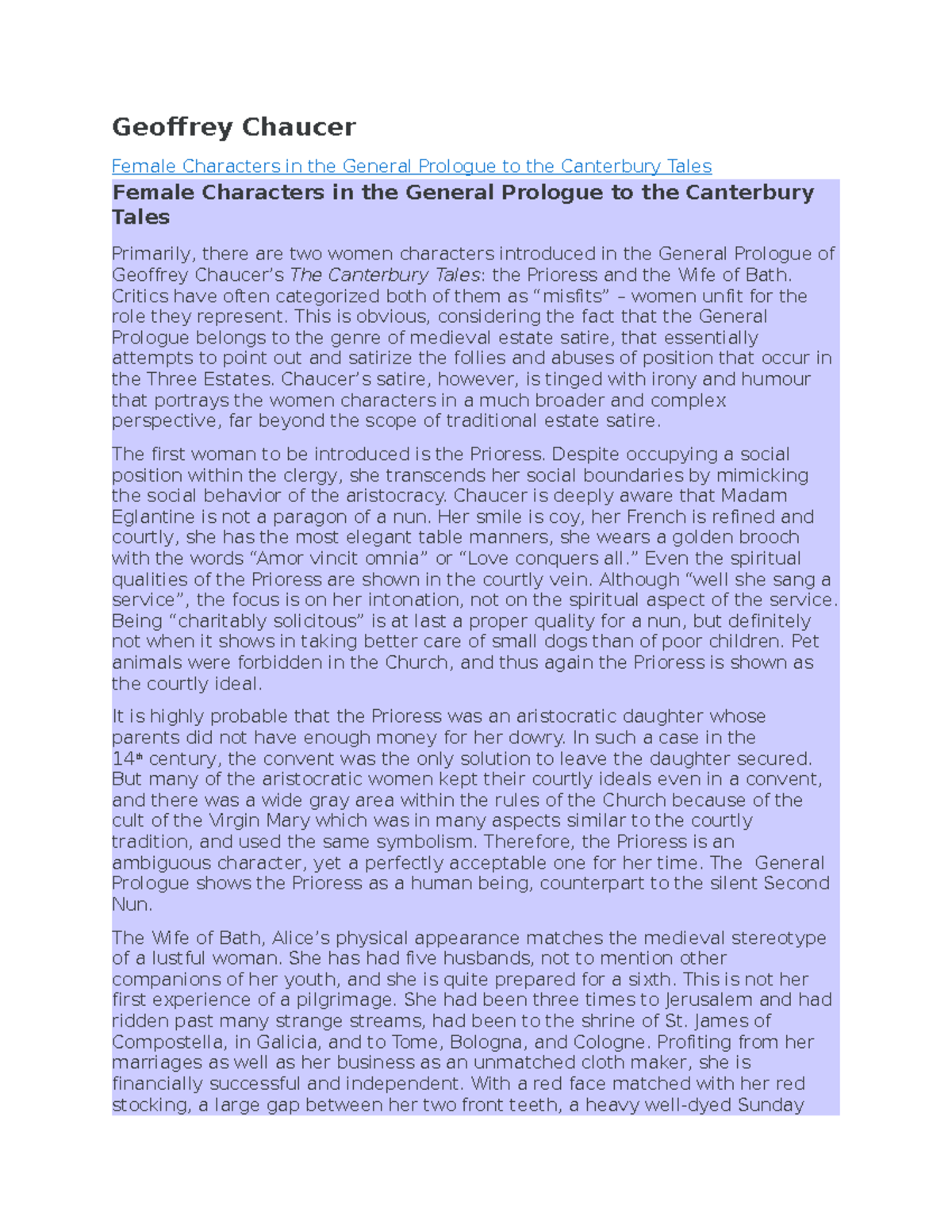 Document - Geoffrey Chaucer Female Characters in the General Prologue ...