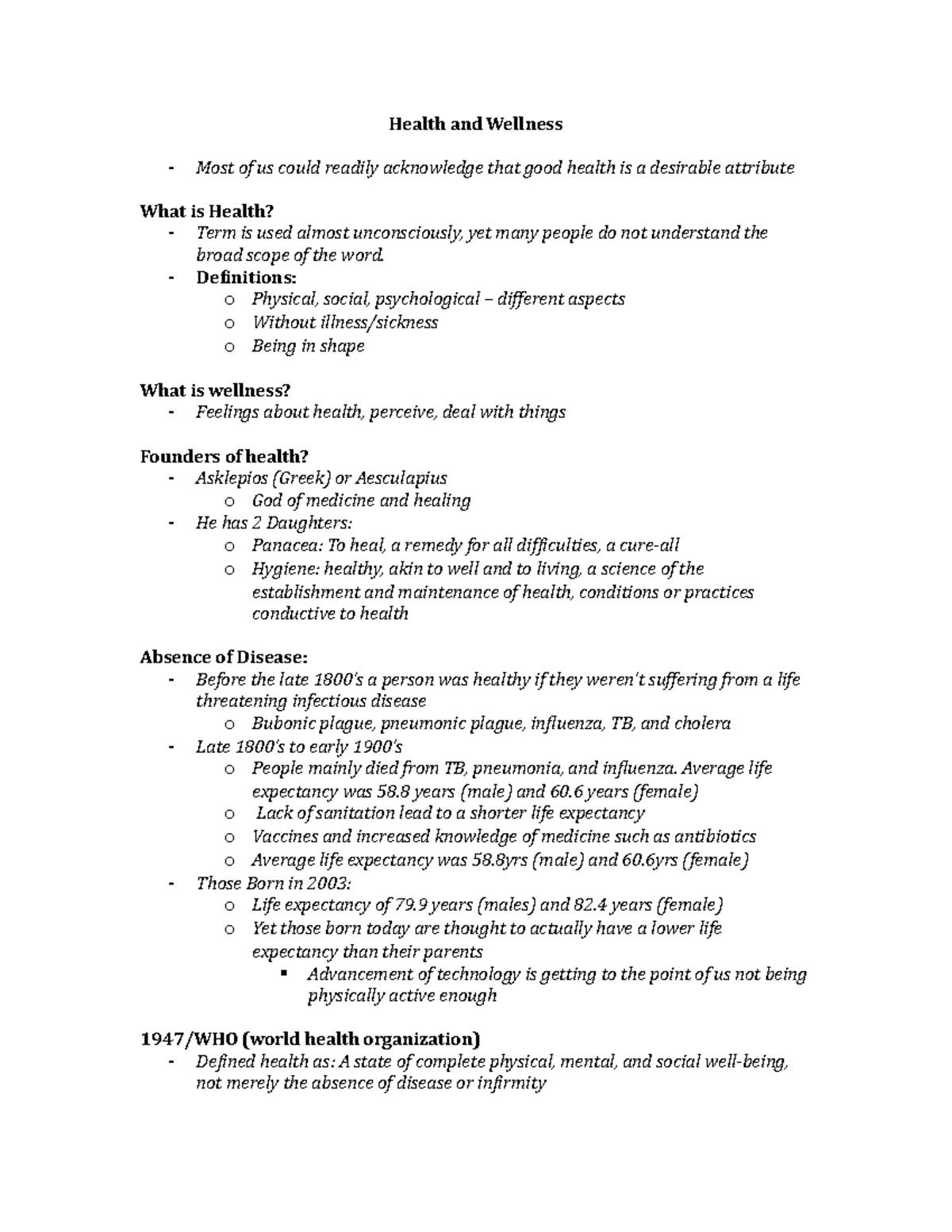 Summary - lecture - Midterm 1, Health and Wellness - Health and ...