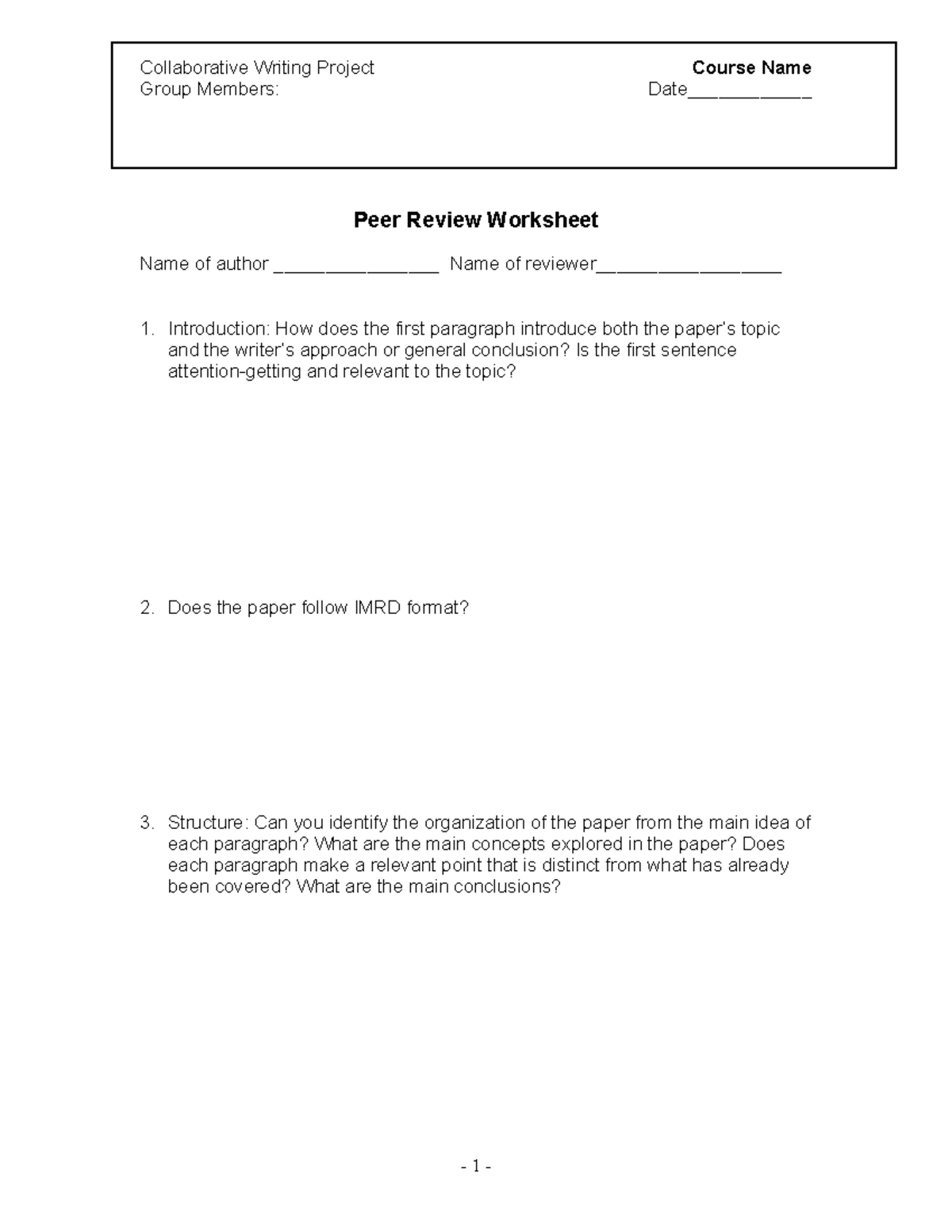 Collab Writing PEER Review Worksheet - Collaborative Writing Project ...