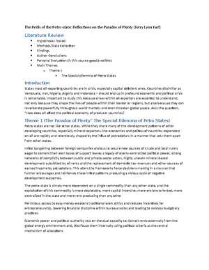 Reflections on the Paradox of Plenty Review of Literature - In his ...