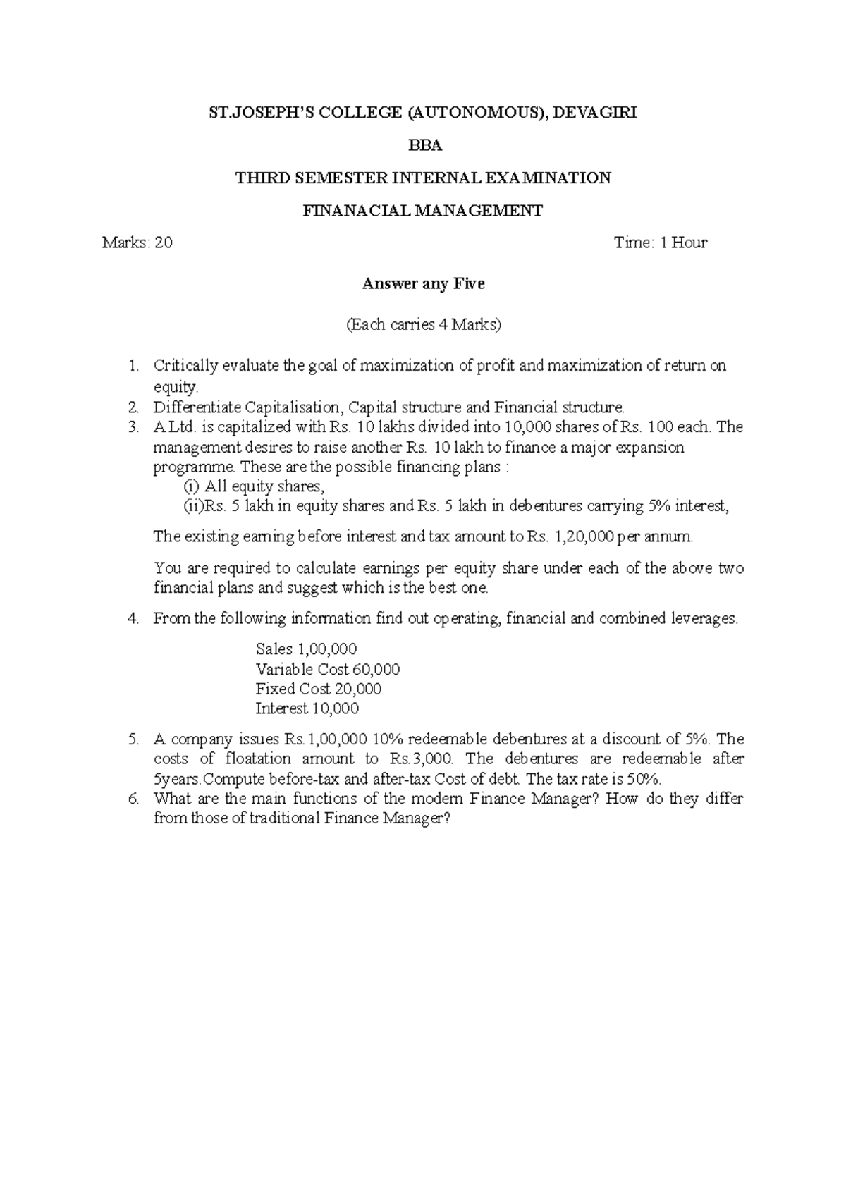 Internal Exam Financial Management - ST’S COLLEGE (AUTONOMOUS), DEVAGIRI BBA THIRD SEMESTER ...