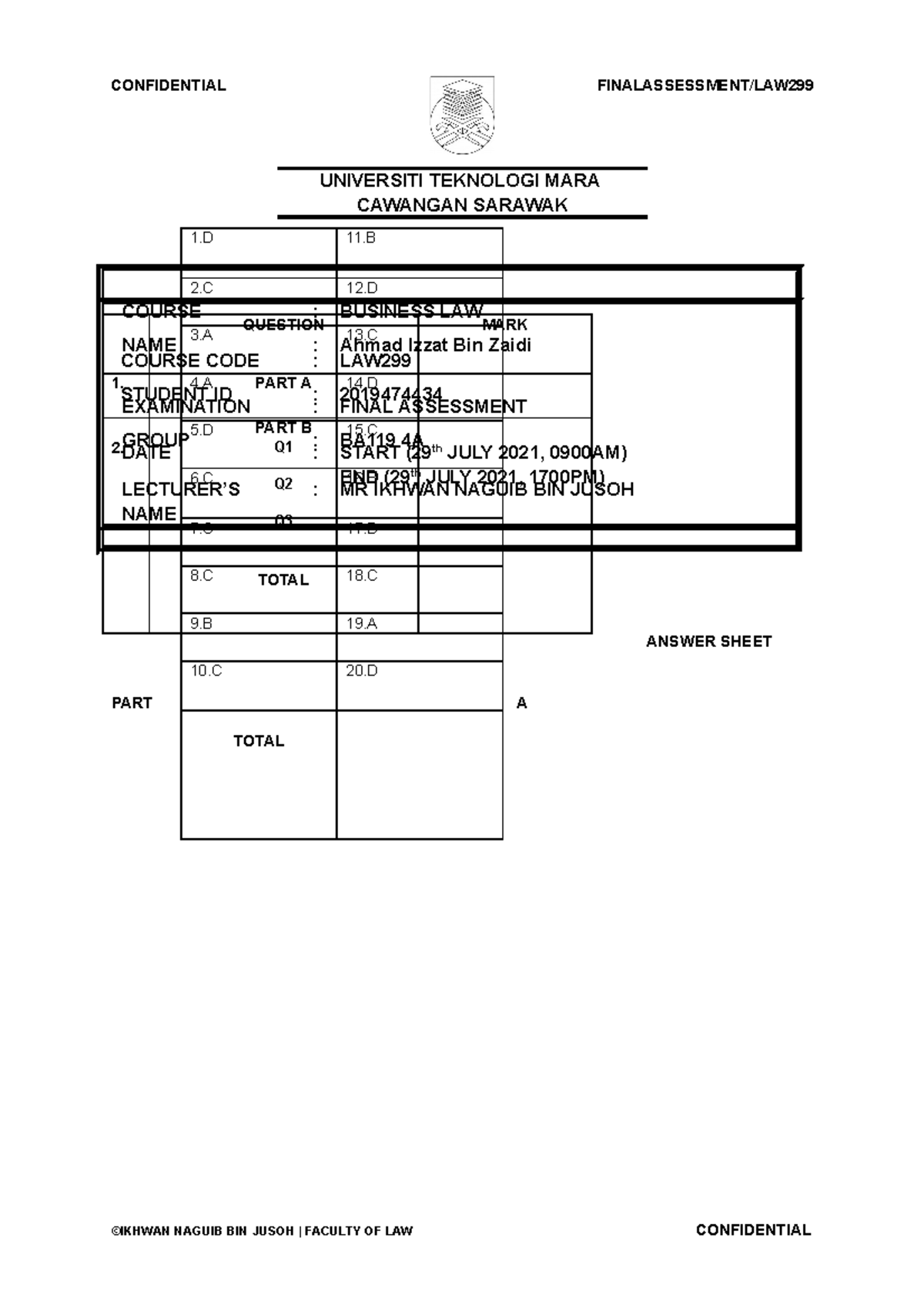 Answer Sheet Template LAW299 - CONFIDENTIAL FINALASSESSMENT/LAW ...