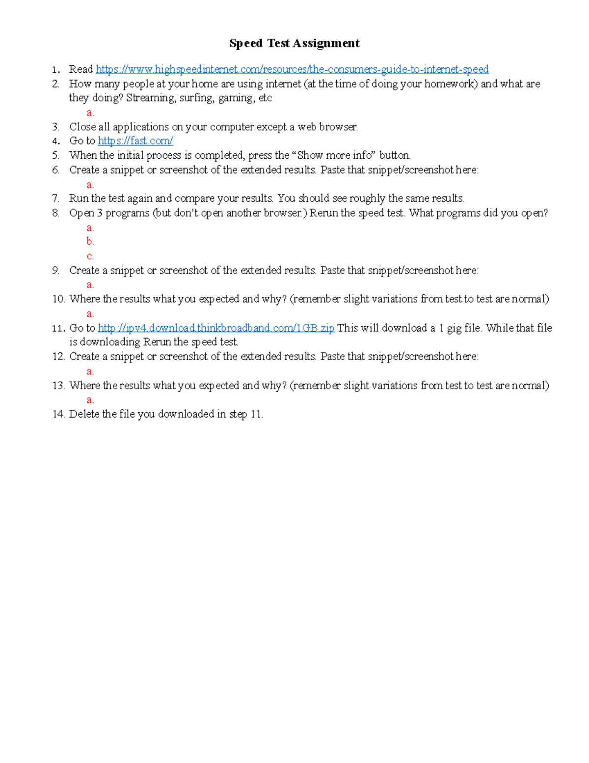 Speed Test Assignment Instructions - Speed Test Assignment Read - Studocu