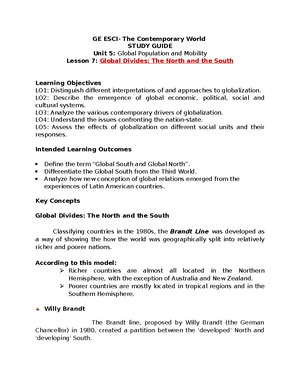 Lesson 9 Global Synthesis - GE ESCI- The Contemporary World STUDY GUIDE ...