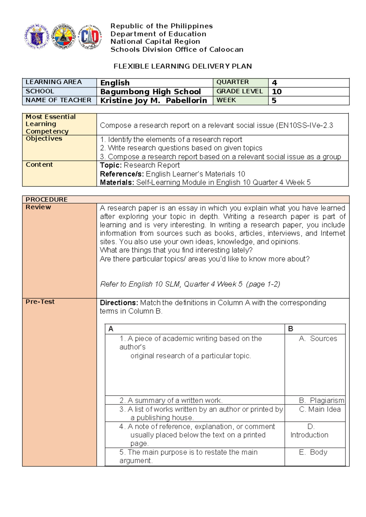 FLDP English 10 Q4 W5 - k67i - Department of Education National Capital Region Schools Division ...