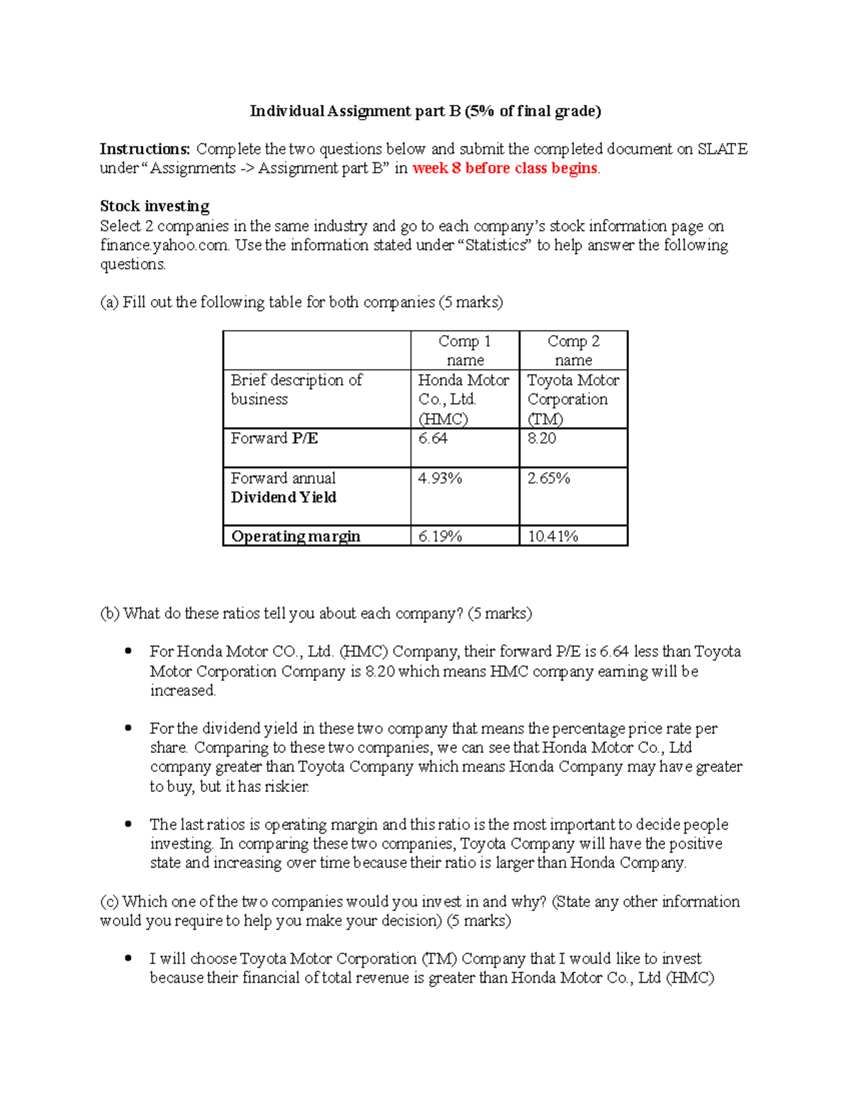 Individual Assignment - part B - Stock investing Select 2 companies in the same industry and go ...