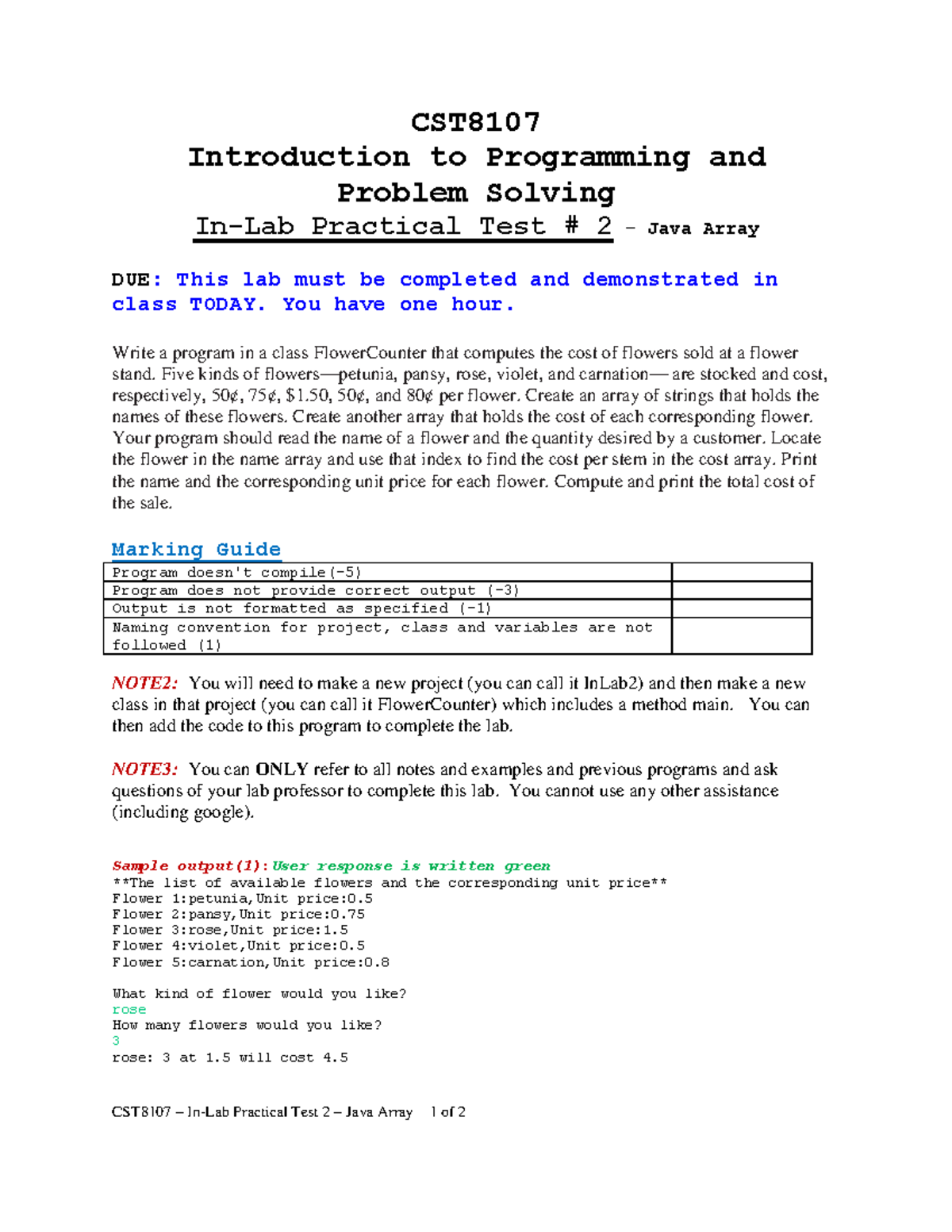 In Lab Practical Test 2 - inlab test - CST8107 – In-Lab Practical Test ...