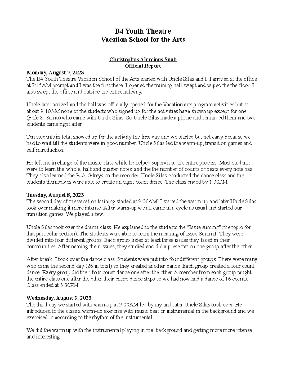 Week one reports - B4 Youth Theatre Vacation School for the Arts ...