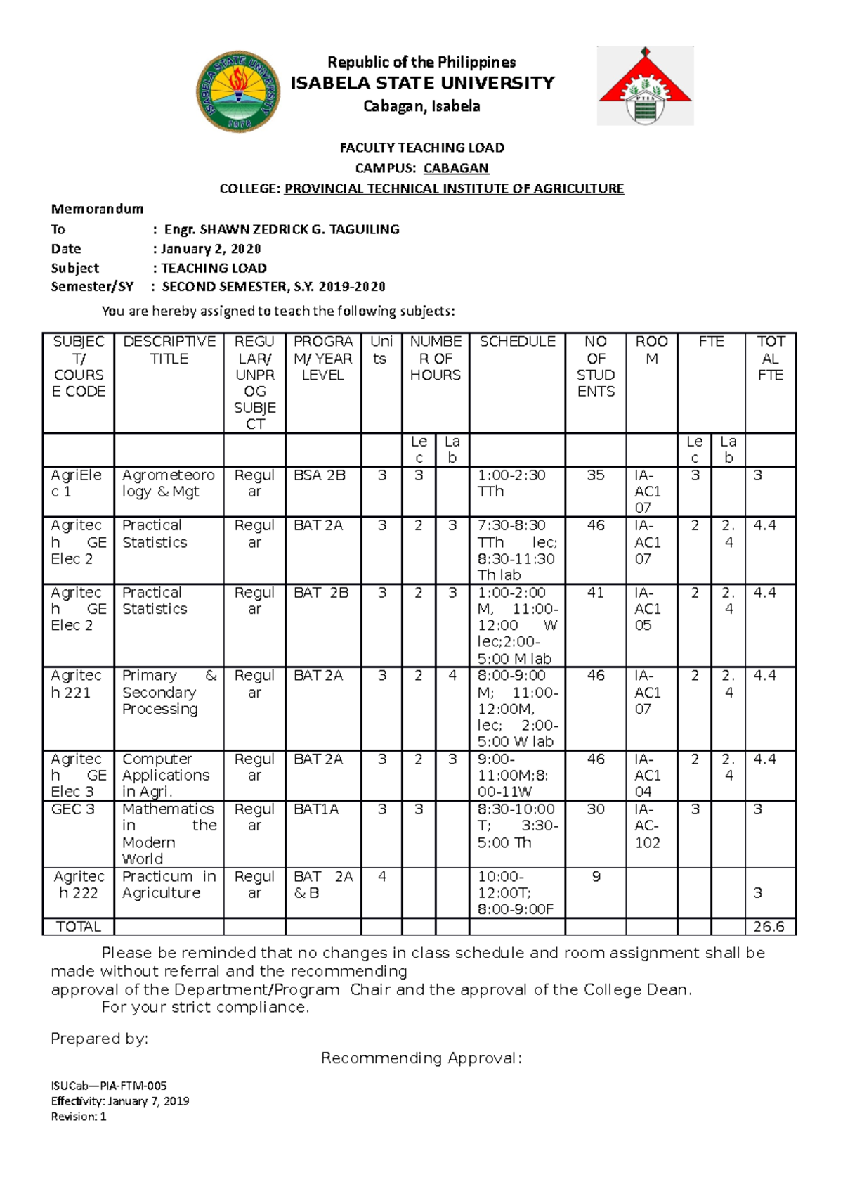 Faculty Teaching Load (latest format) 2020 - ISABELA STATE UNIVERSITY ...